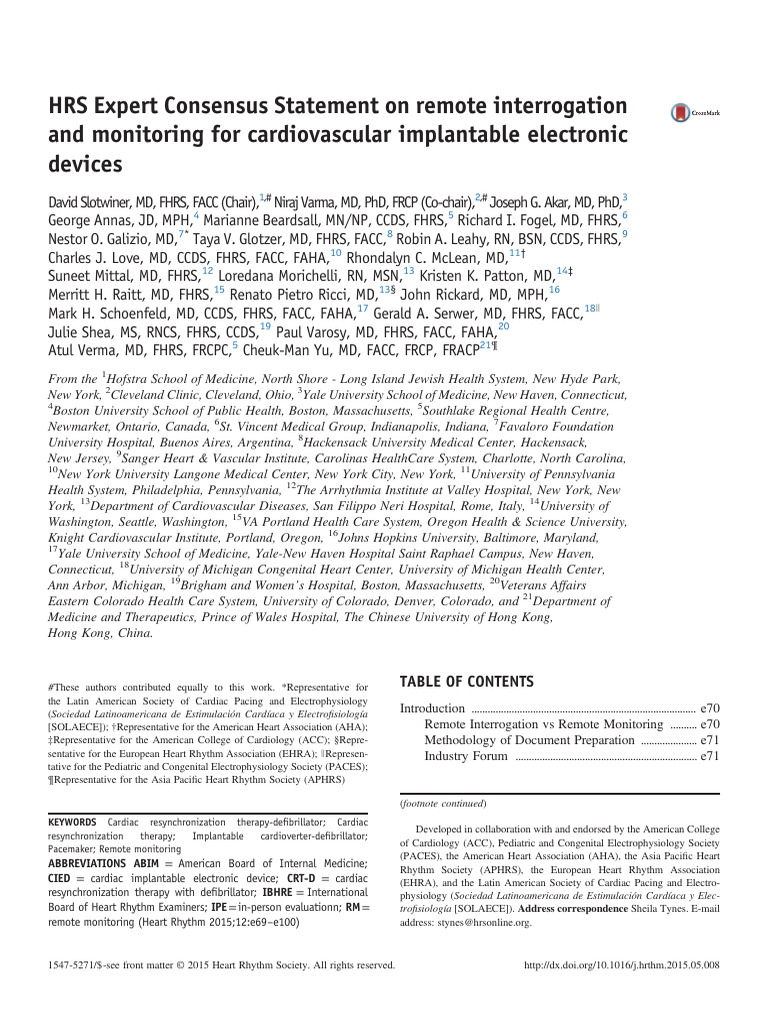 HRS Expert Consensus Statement On Remote Interrogation and Monitoring ...