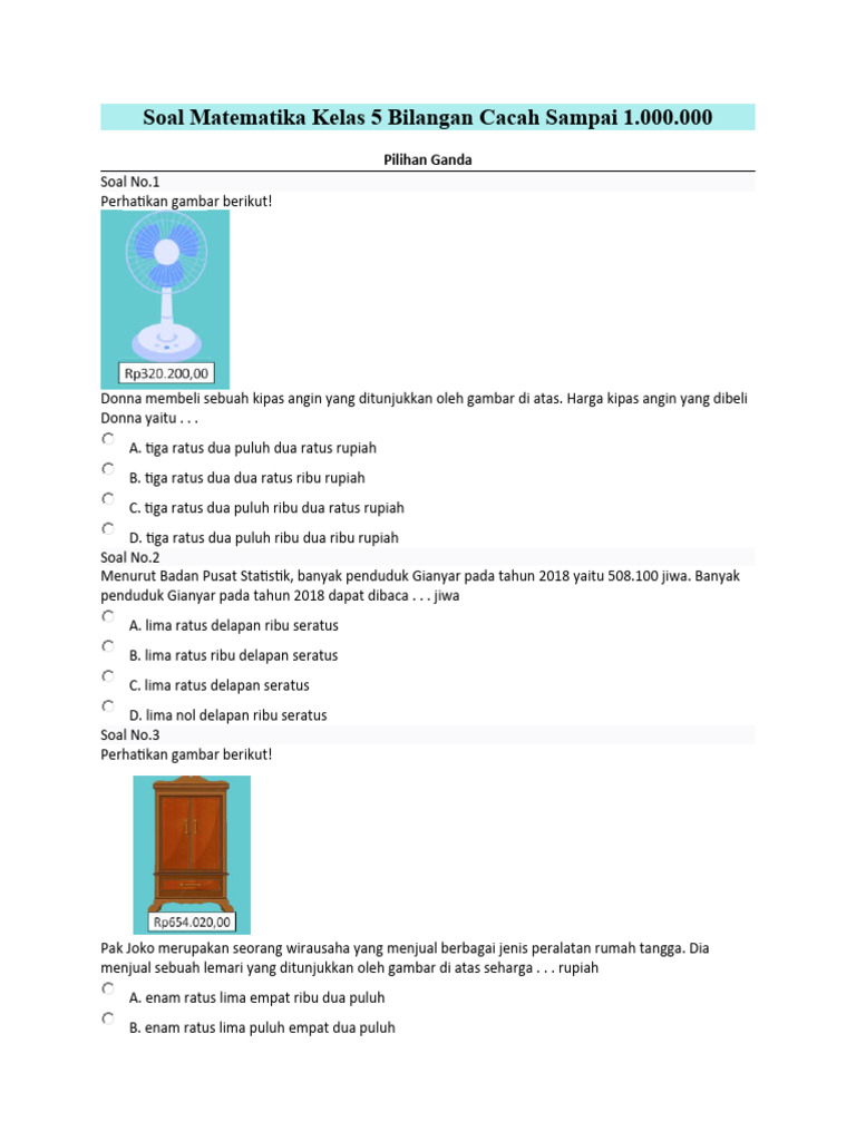 Soal Matematika Kelas 5: Bilangan Cacah | PDF