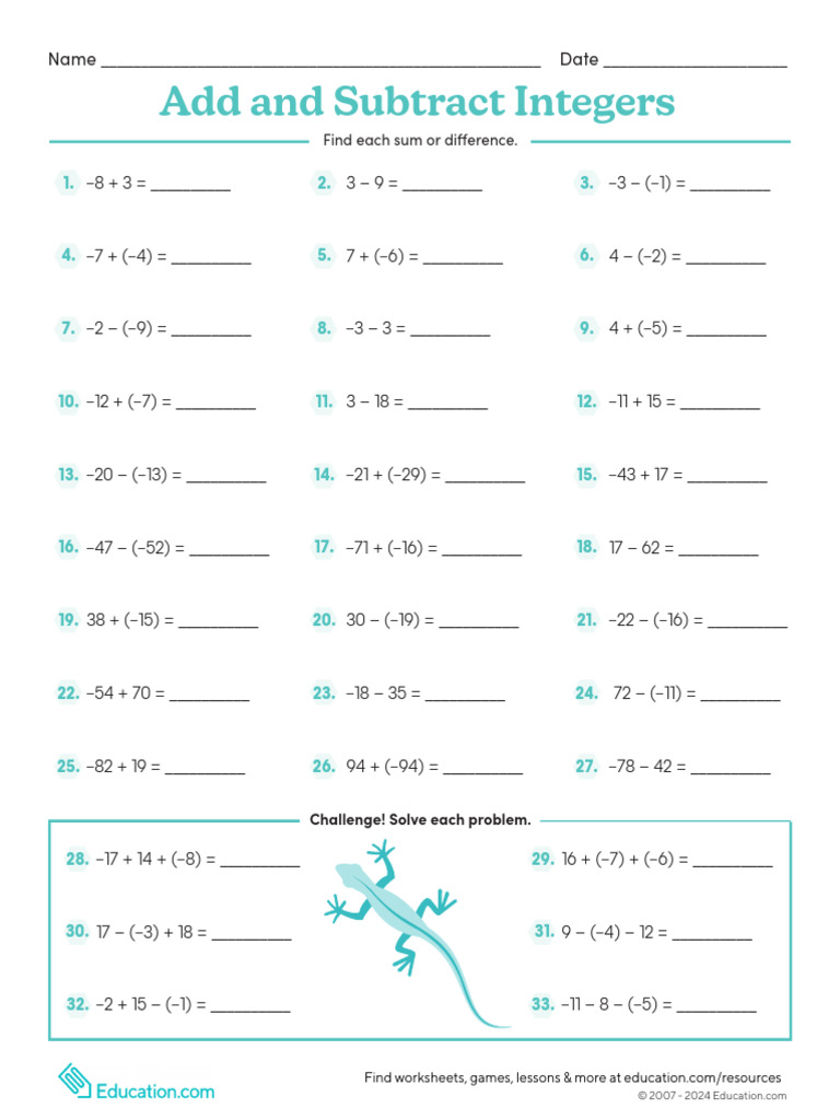 Integer Addition and Subtraction Worksheet | PDF