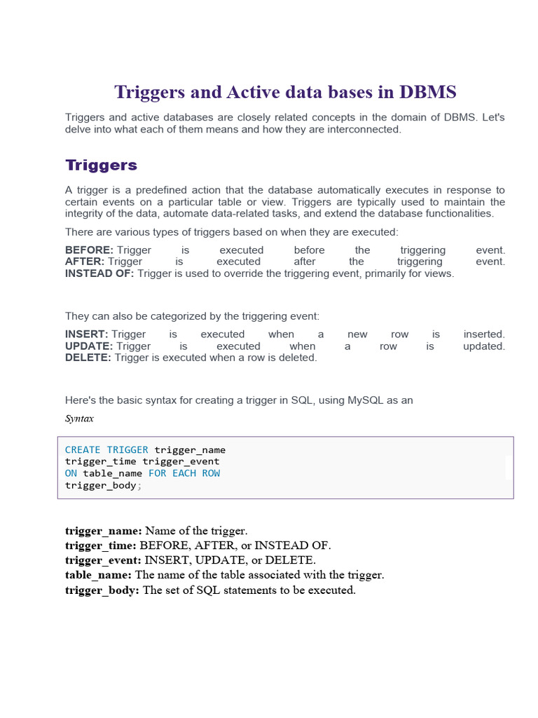 Triggers and Active Data Bases in DBMS | PDF | Databases | Software ...
