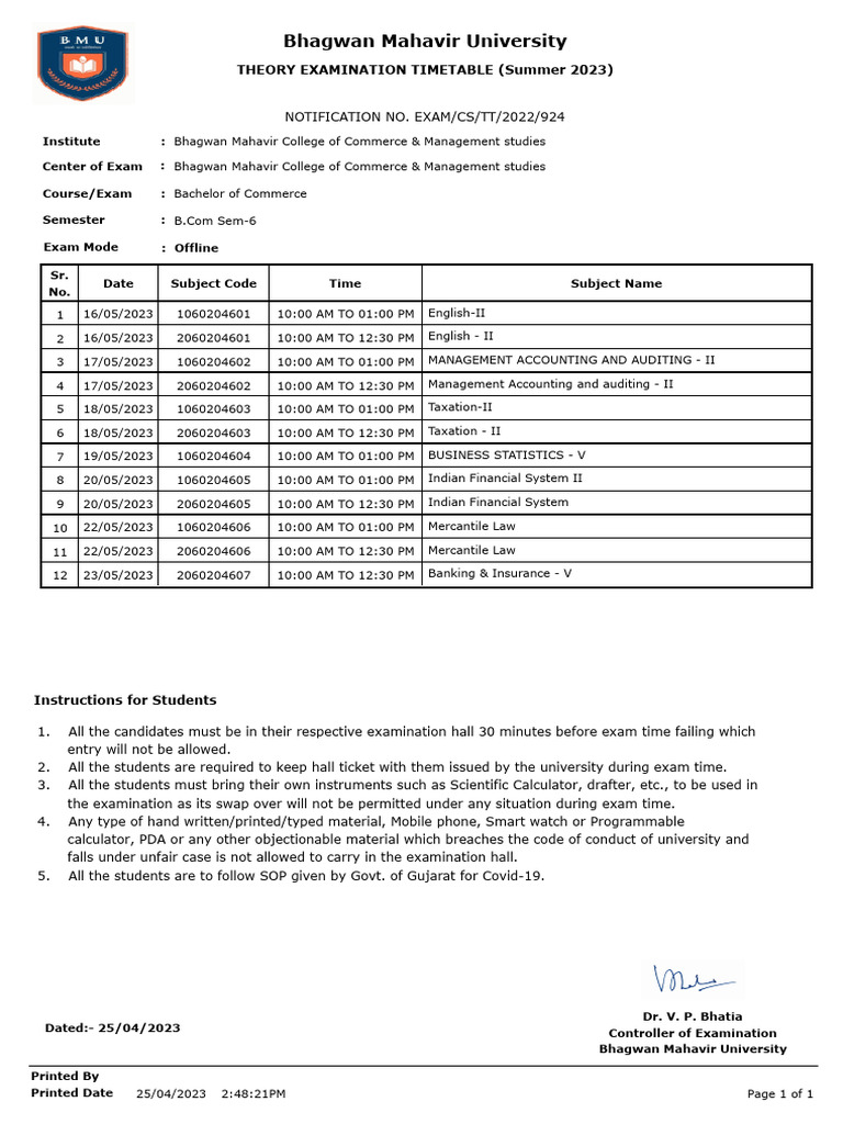924 - B.Com Sem-6 - Theory Examination Time Table (Summer 2023 ... 924 - B.Com Sem-6 - Theory Examination Time Table (Summer 2023 ...