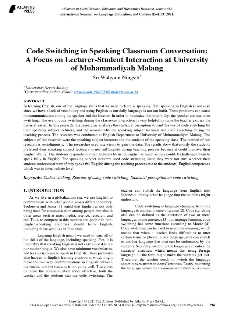 Code Switching in Speaking Classroom Conversation: A Focus On Lecturer ...