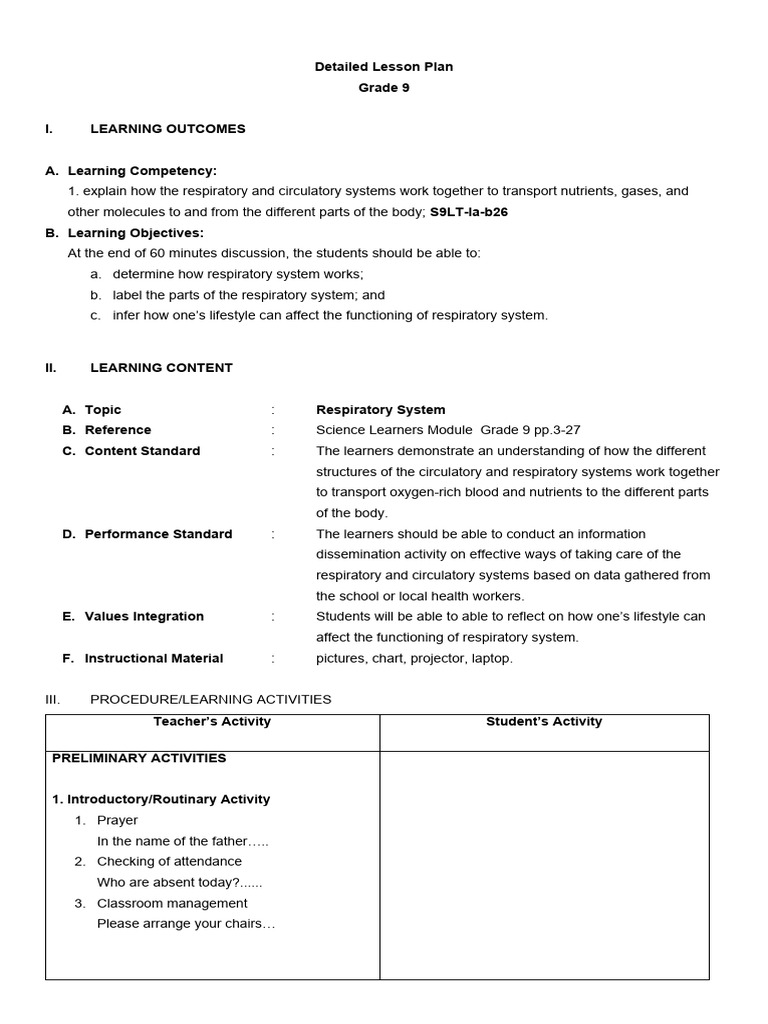 Grade 9 Respiratory System Lesson Plan | PDF | Respiratory System | Lung