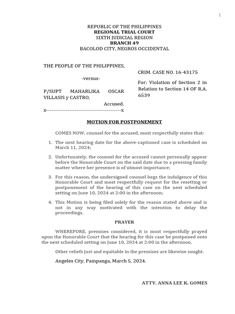 Motion For Postponement | PDF | Criminal Procedure | Legal Procedure