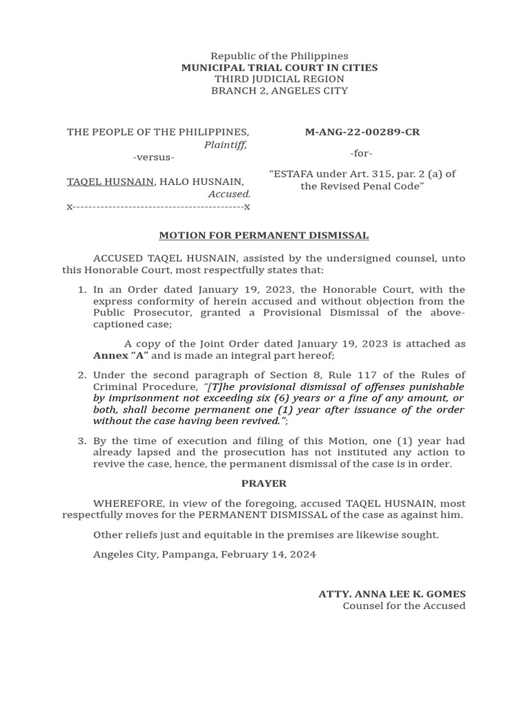 Motion for Permanent Dismissal (Husnain) | Download Free PDF ...