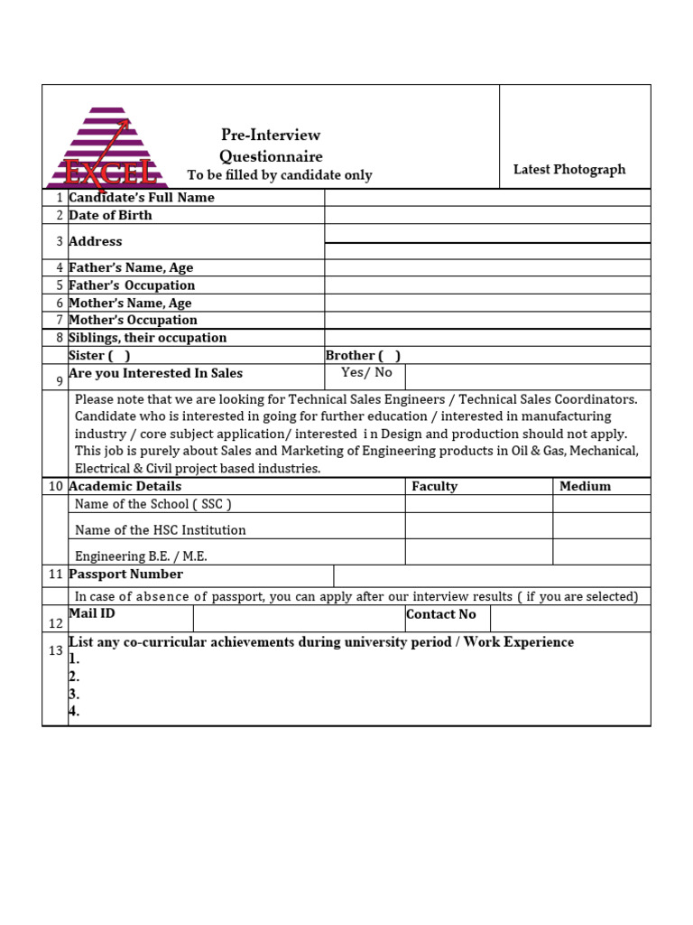 Technical Sales Engineer Pre-Interview Form | PDF | Career & Growth