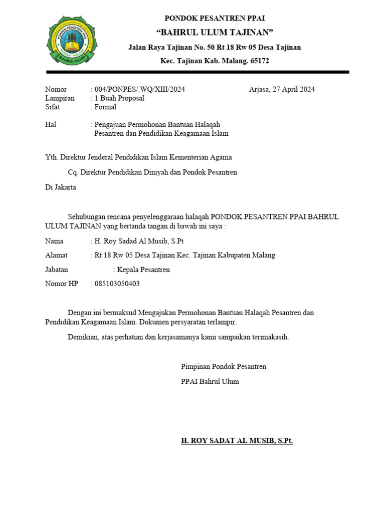 Surat Permohonan Bantuan Halaqah PP 2024 | PDF