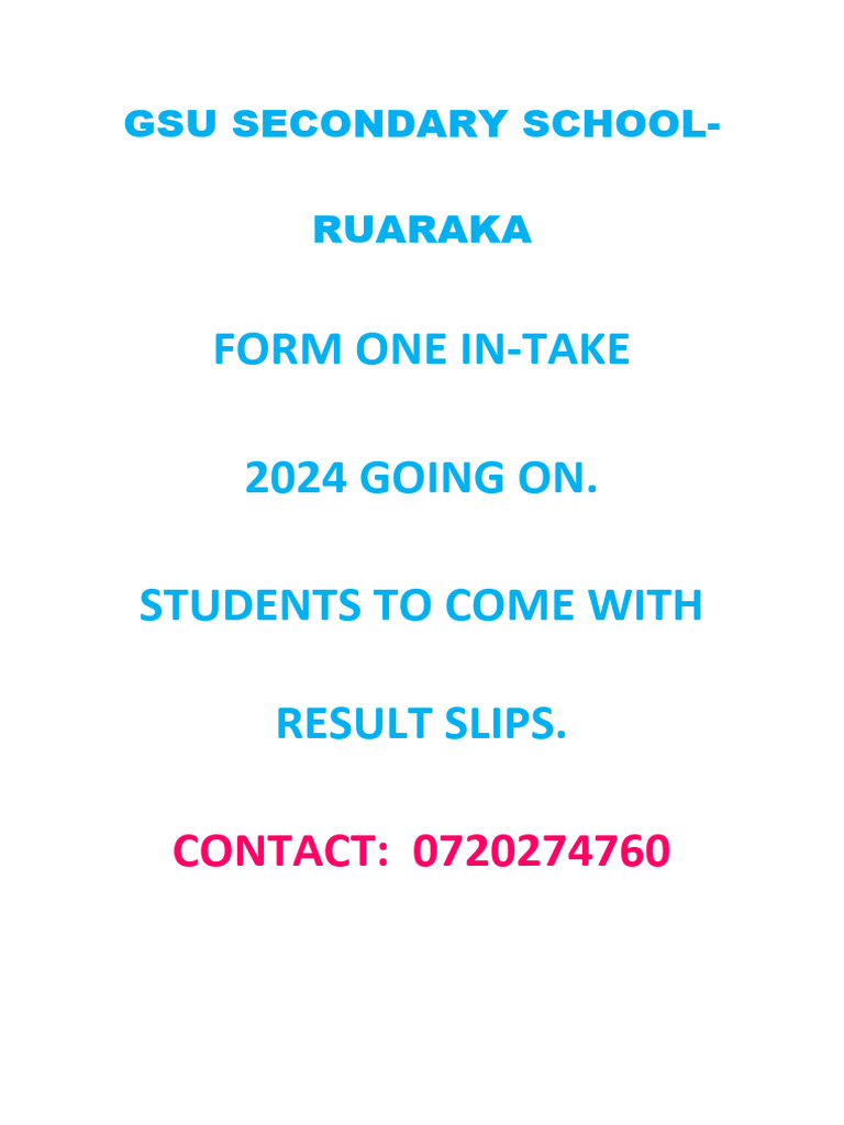 GSU Ruaraka Form One Intake 2024 | PDF