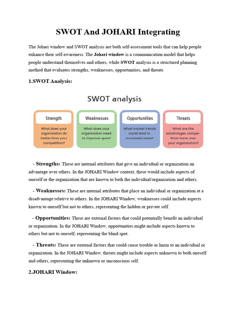 Integrating SWOT and Johari Window | PDF | Swot Analysis | Cognitive ...