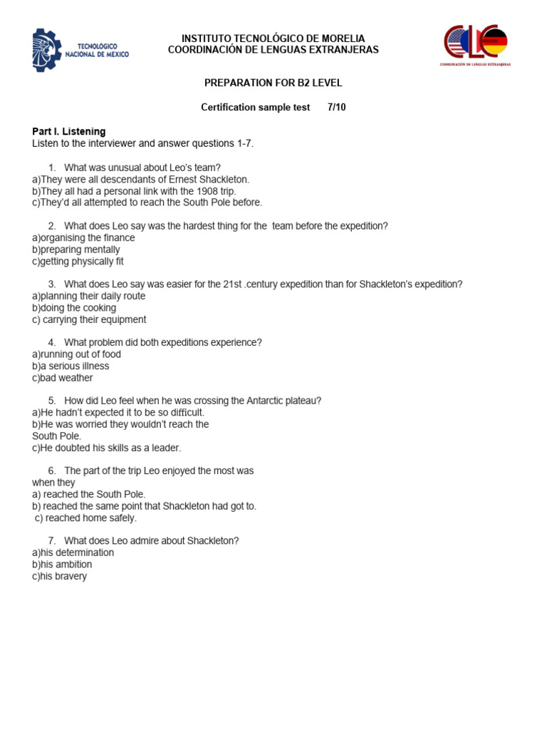 B2 Level English Certification Sample Test | PDF | Penguin | Antarctica