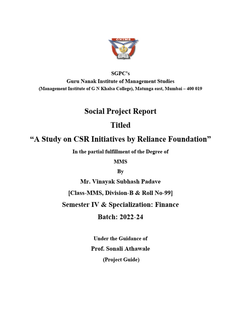 Final Social Project A Study On CSR Initiative by Reliance Industries ...