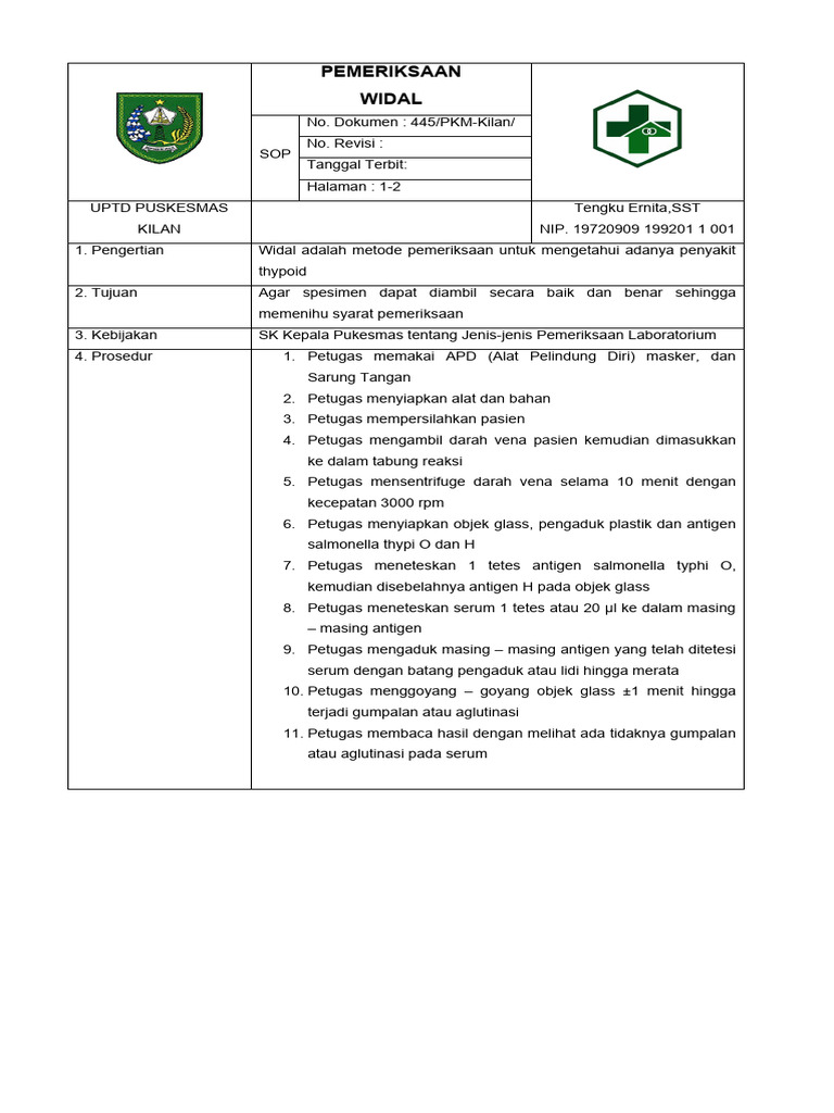 SOP Pemeriksaan Widal | PDF