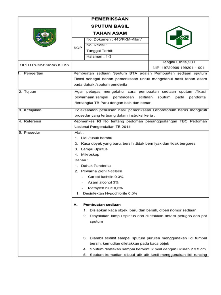 SOP Pemeriksaan Sputum BTA | PDF