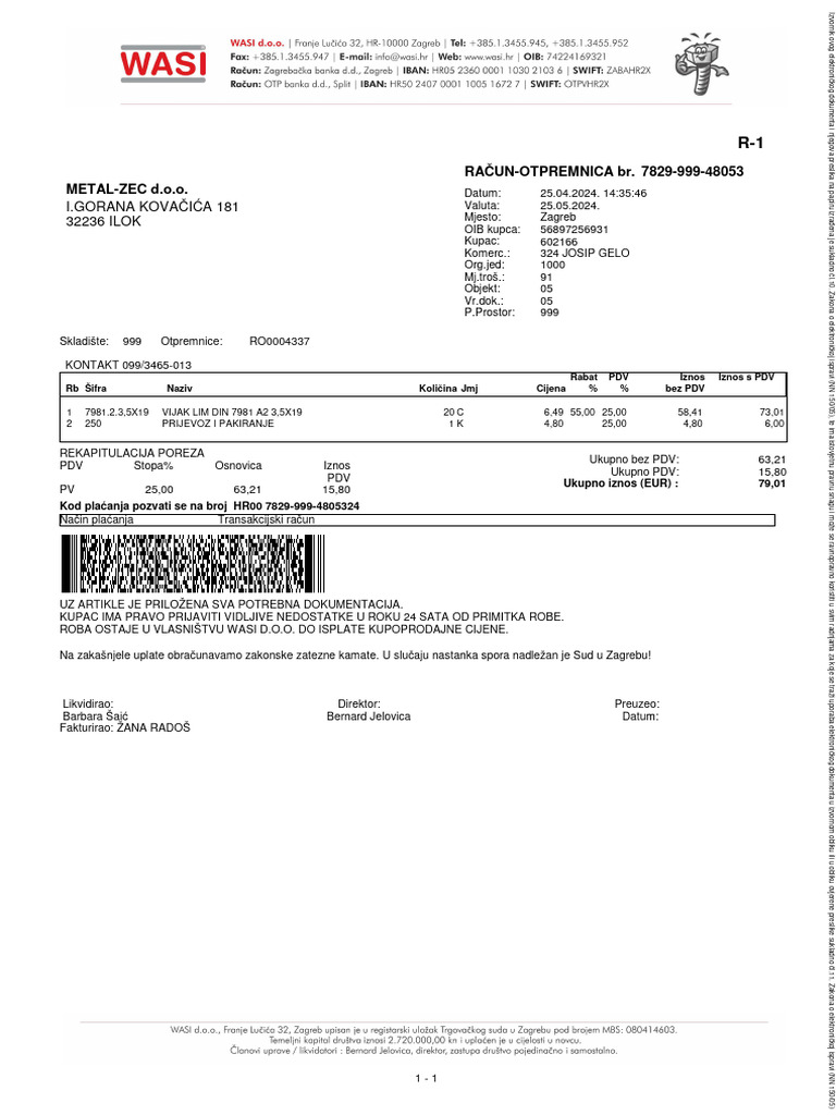 METAL-ZEC D.O.O. 7829-999-48053 Račun-Otpremnica BR.: I.Gorana Kovačića 181 32236 ILOK | PDF