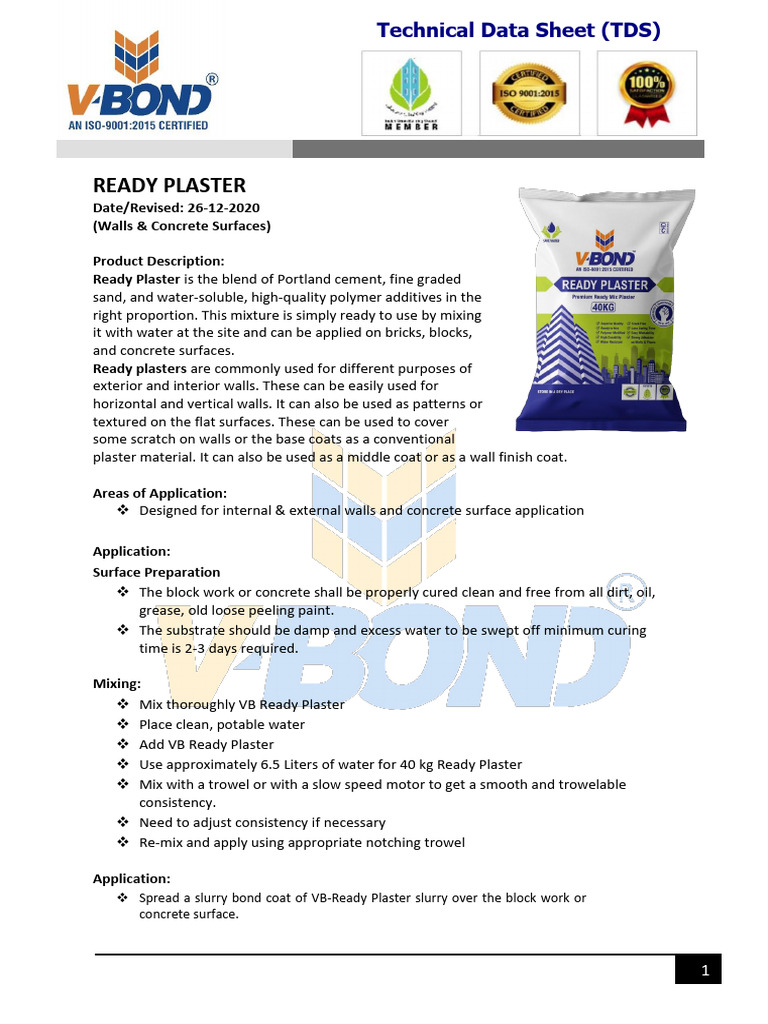 V-Bond Ready Plaster TDS | PDF | Plaster | Concrete