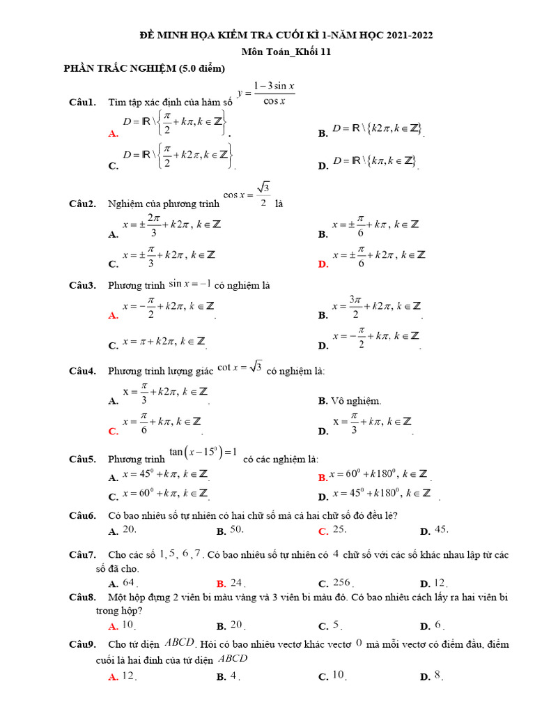 ĐỀ MINH HỌA KT CUỐI HKI K11 2021-2022 | PDF