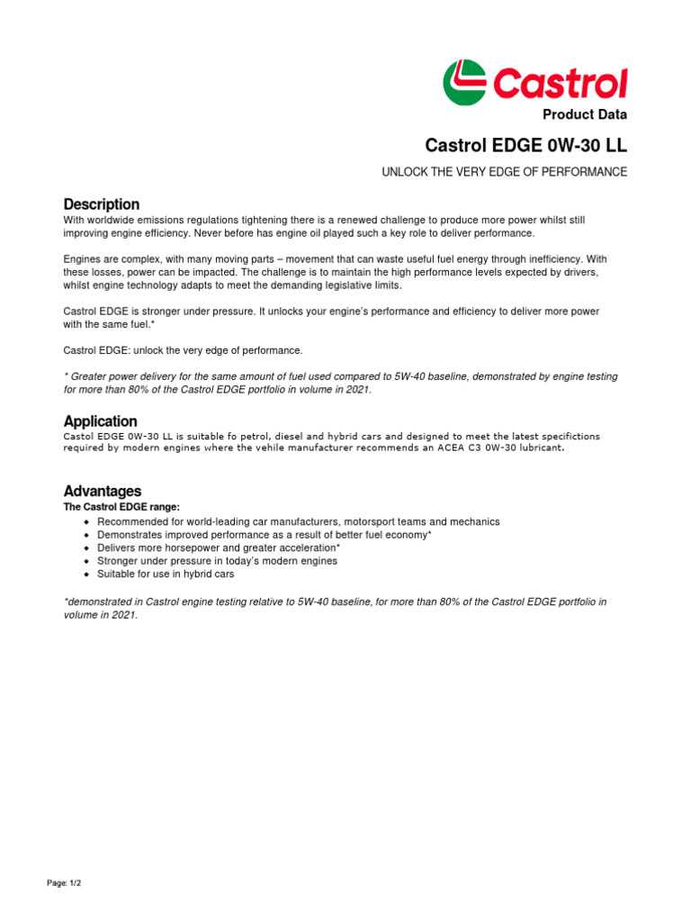 Castrol Edge Titanium 0w 30 LL | PDF | Engines | Hybrid Vehicle