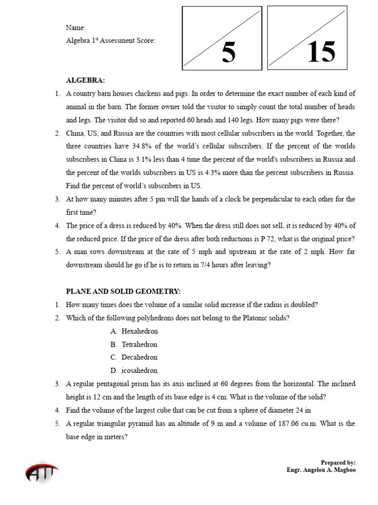 Plane and Solid Geometry Assessment | PDF | Area | Sphere