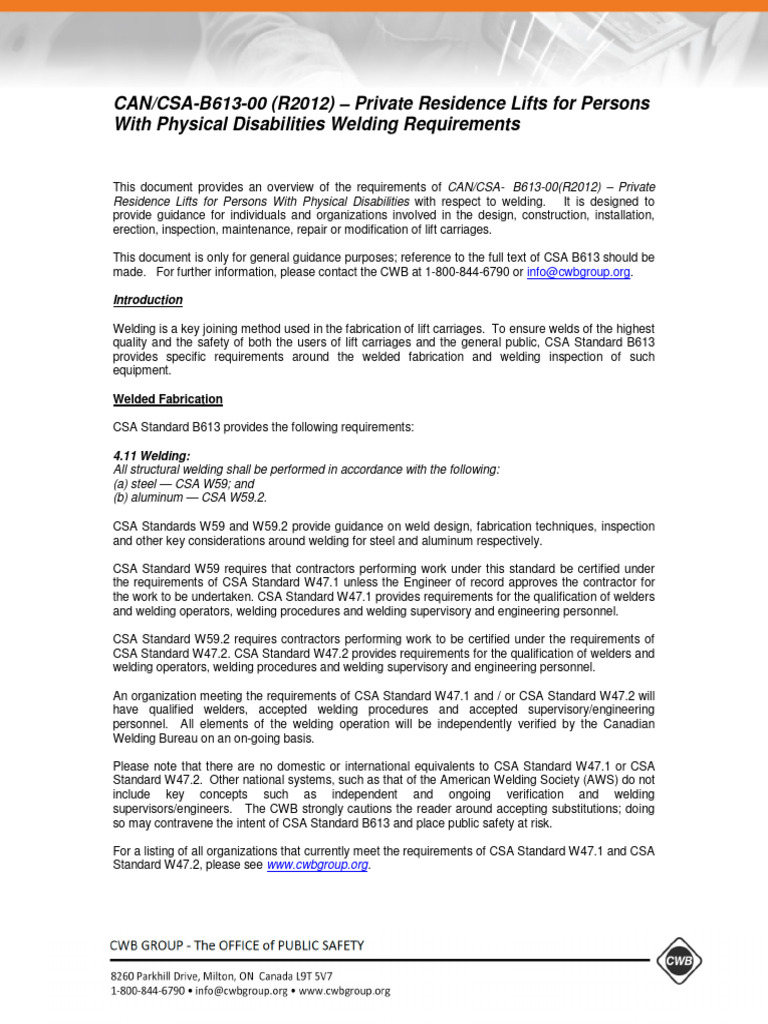 Welding Requirements Csa b613 Private Residence Lifts Persons Physical ...