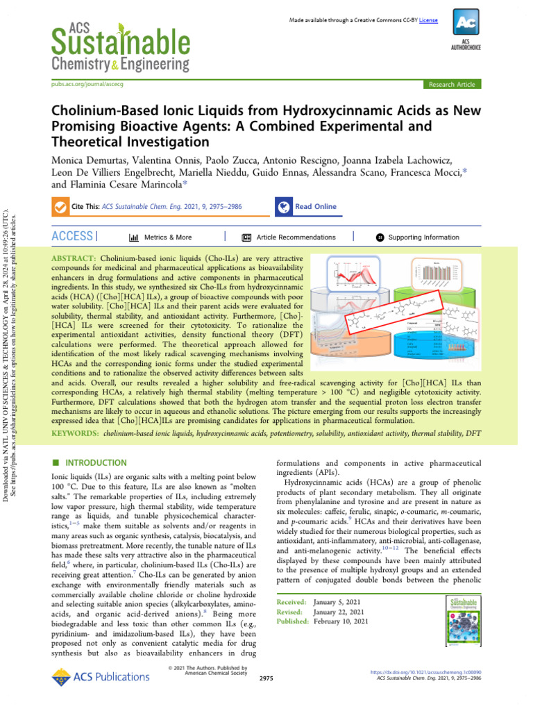 Demurtas Et Al 2021 Cholinium Based Ionic Liquids From Hydroxycinnamic ...
