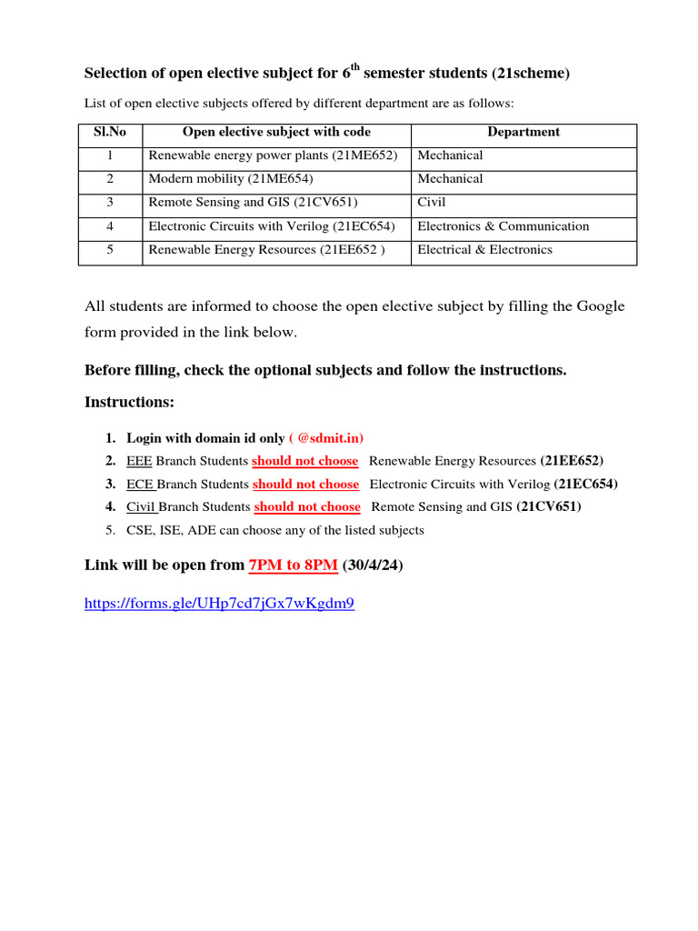 Selection of Open Elective Subject For 6th Semester Students | PDF