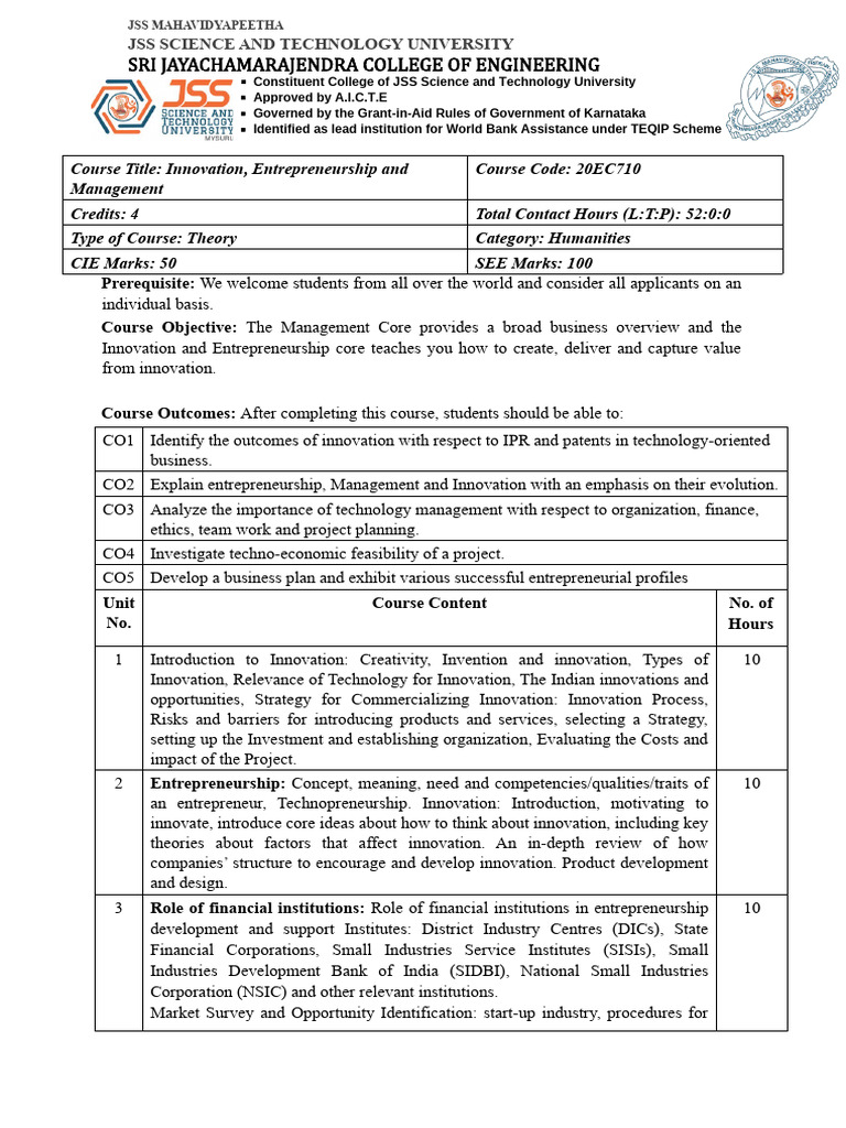 Innovation, Entrepreneurship and Management Syllabus | PDF ... Innovation, Entrepreneurship and Management Syllabus | PDF ...