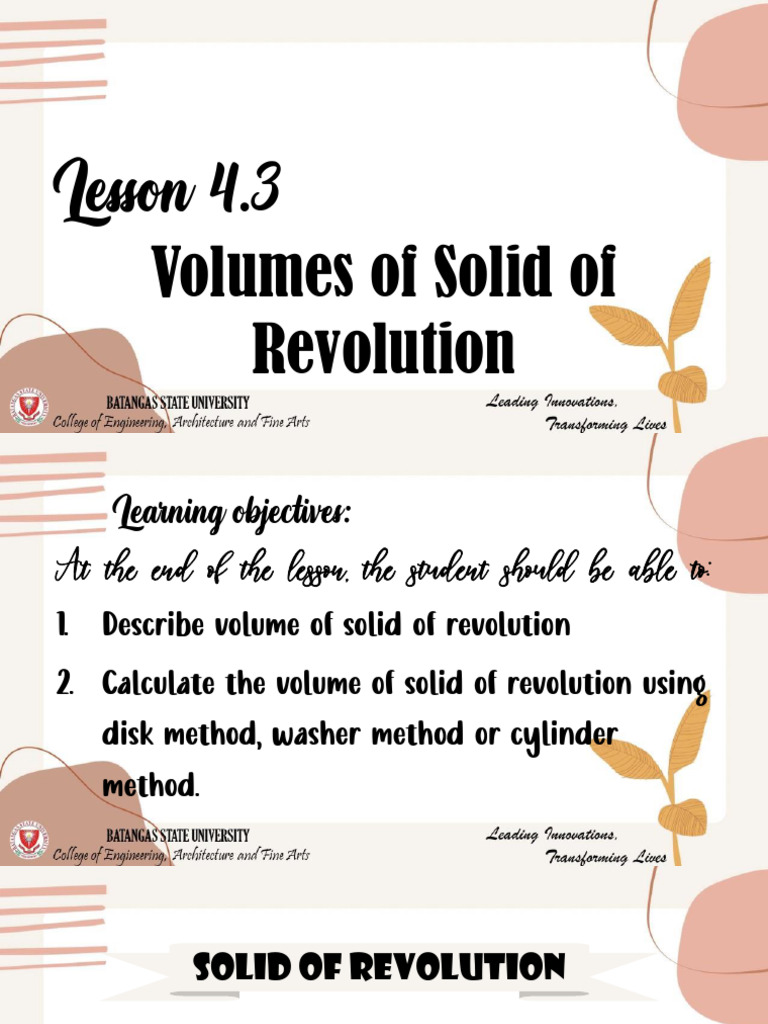 Lesson 4.3 - Volumes of Solid of Revolution | PDF | Geometric Objects ...