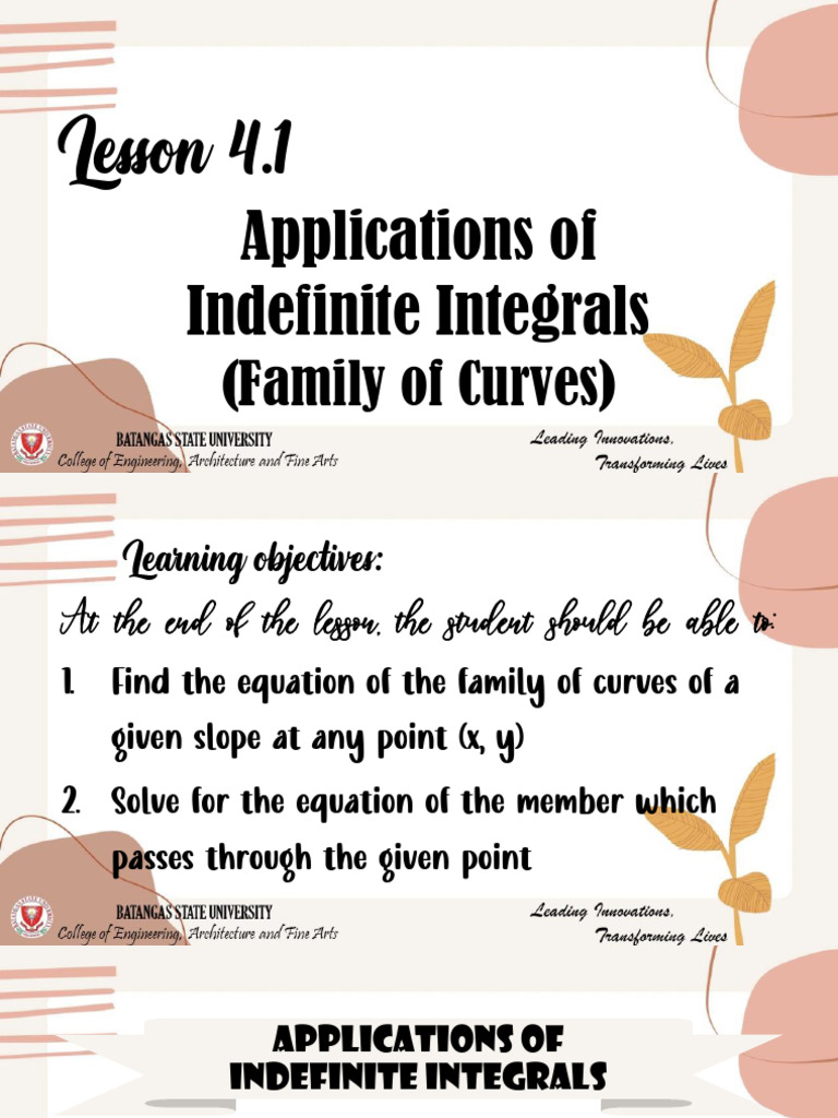 Lesson 4.1 - Applications of Indefinite Integrals | PDF | Equations | Differential Equations