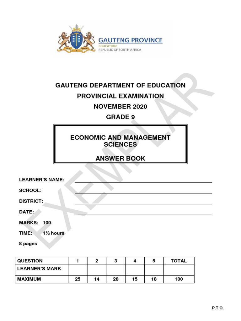 Grade 9 Provincial Examination Economic and Management Sciences ...