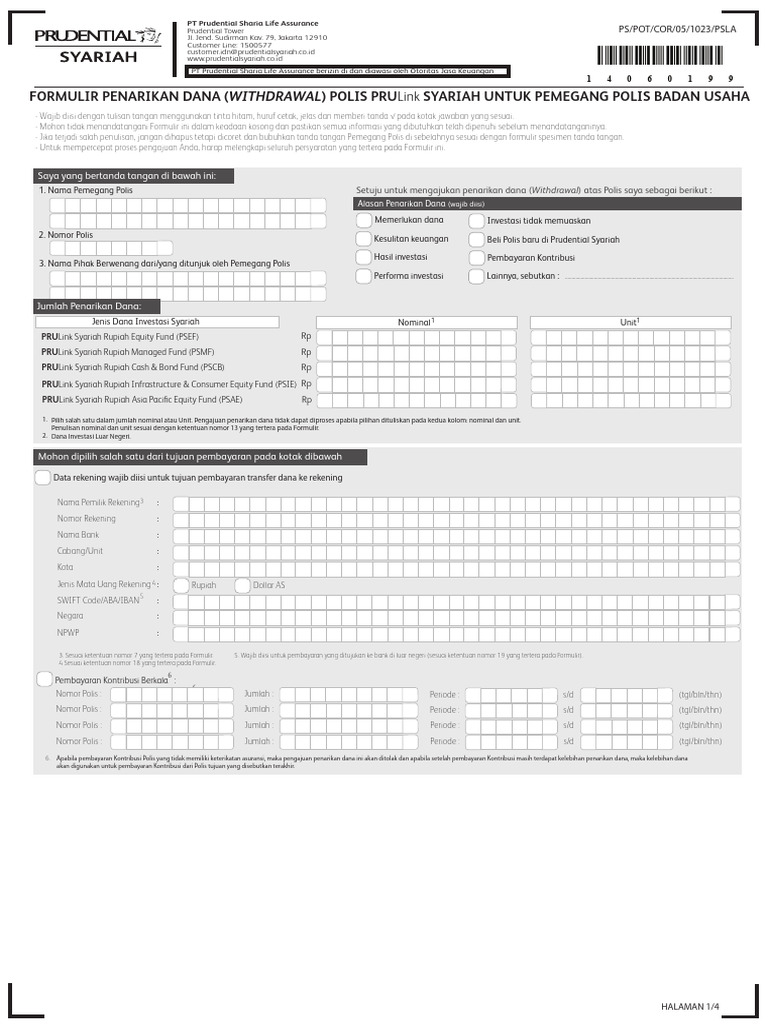 PSLA - No - 031 - Lampiran IV - Formulir Penarikan Dana (Withdrawal) Polis PRULink Syariah Untuk ...