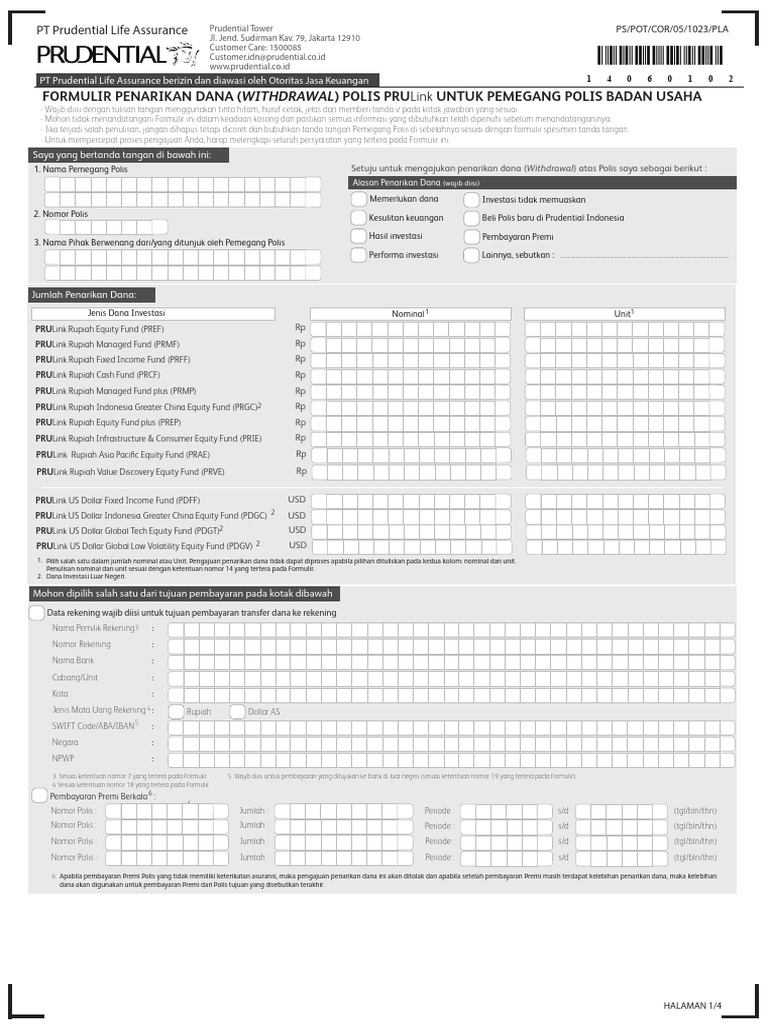 PLA - No - 031 - Lampiran IV - Formulir Penarikan Dana (Withdrawal) Polis PRULink Untuk Pemegang ...