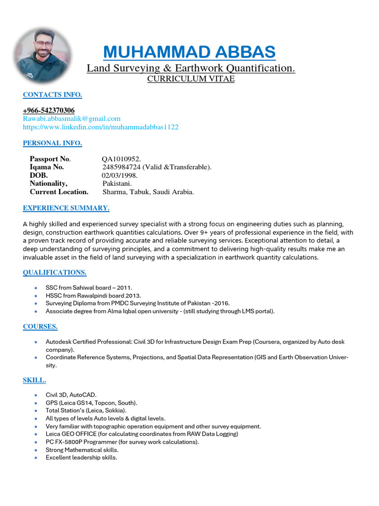 MUHAMMAD ABBAS Cv. | PDF | Surveying | Geographical Technology
