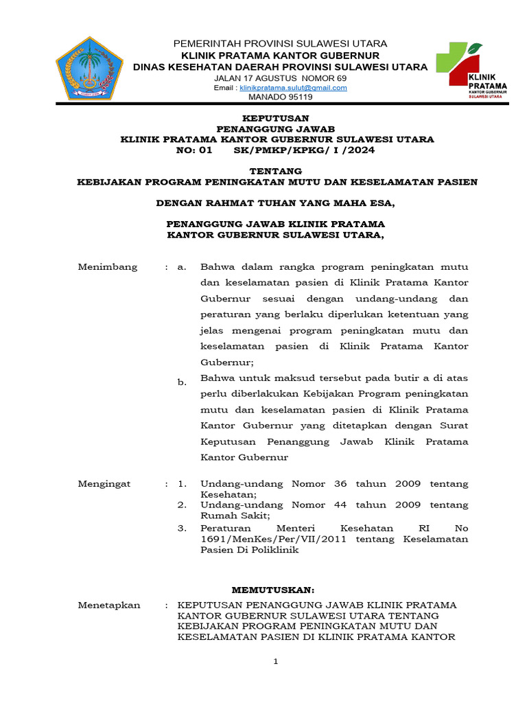 SK Kebijakan Program Peningkatan Mutu Dan Keselamatan Pasien | PDF | Kesehatan Holistik