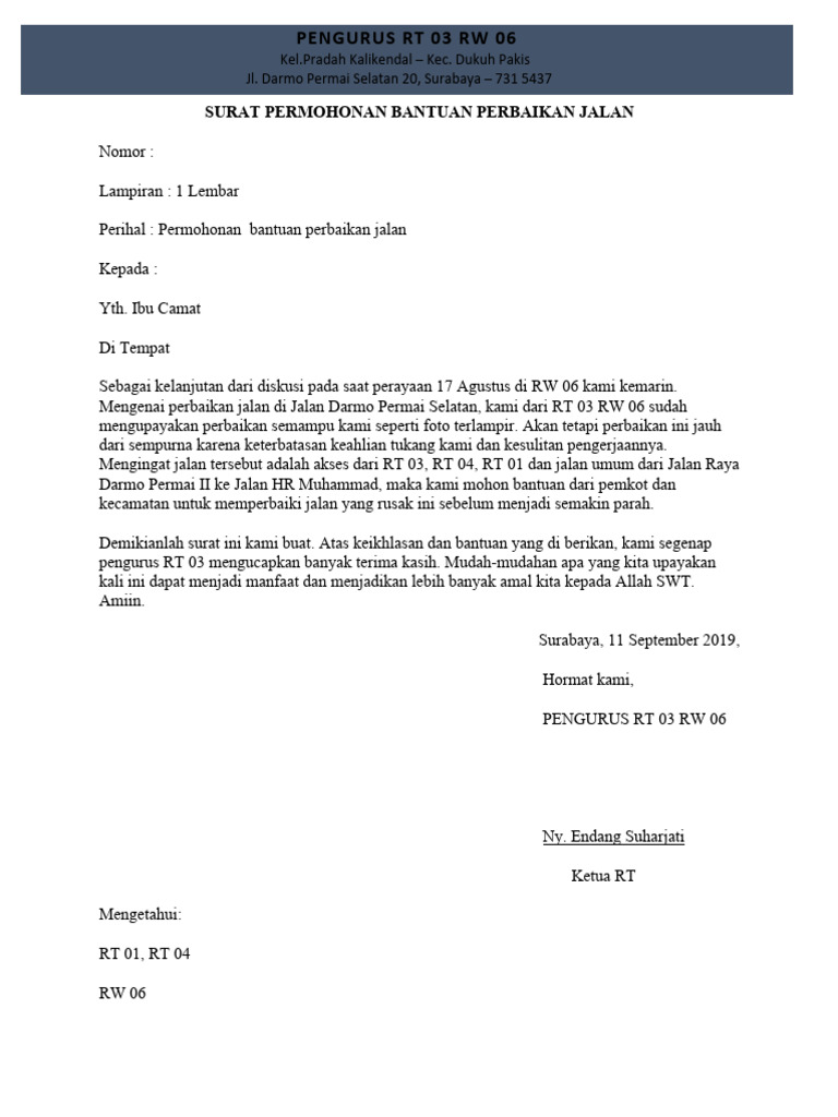 Surat Permohonan Bantuan Perbaikan Jalan | PDF