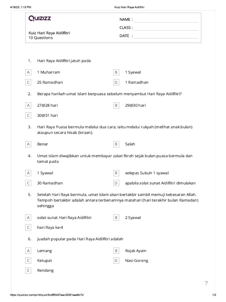 Kuiz Hari Raya Aidilfitri | PDF