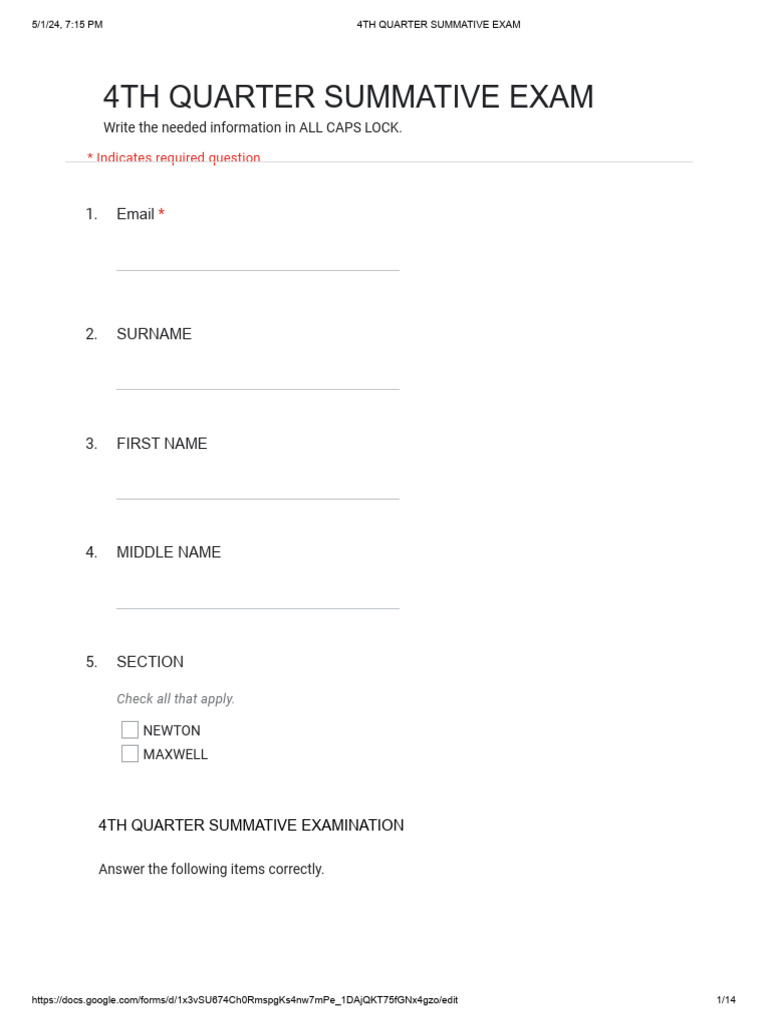 4TH QUARTER SUMMATIVE EXAM - Google Forms | PDF | Gases | Metrology
