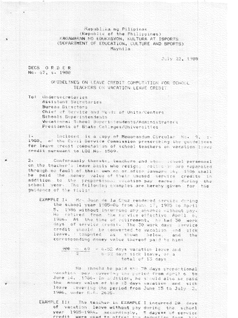 DO - s1988!67!1 Guidelines On Leave Credits Computation | PDF