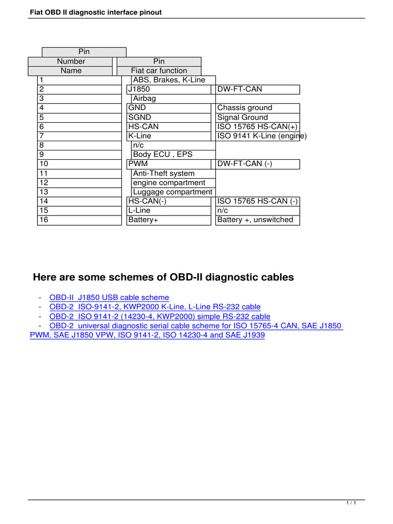 Fiat Obd II Diagnostic Interface Pinout | PDF