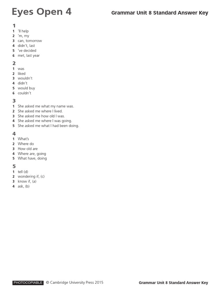 Eyes Open L4 Grammar Standard Answer Key Unit 8 | PDF