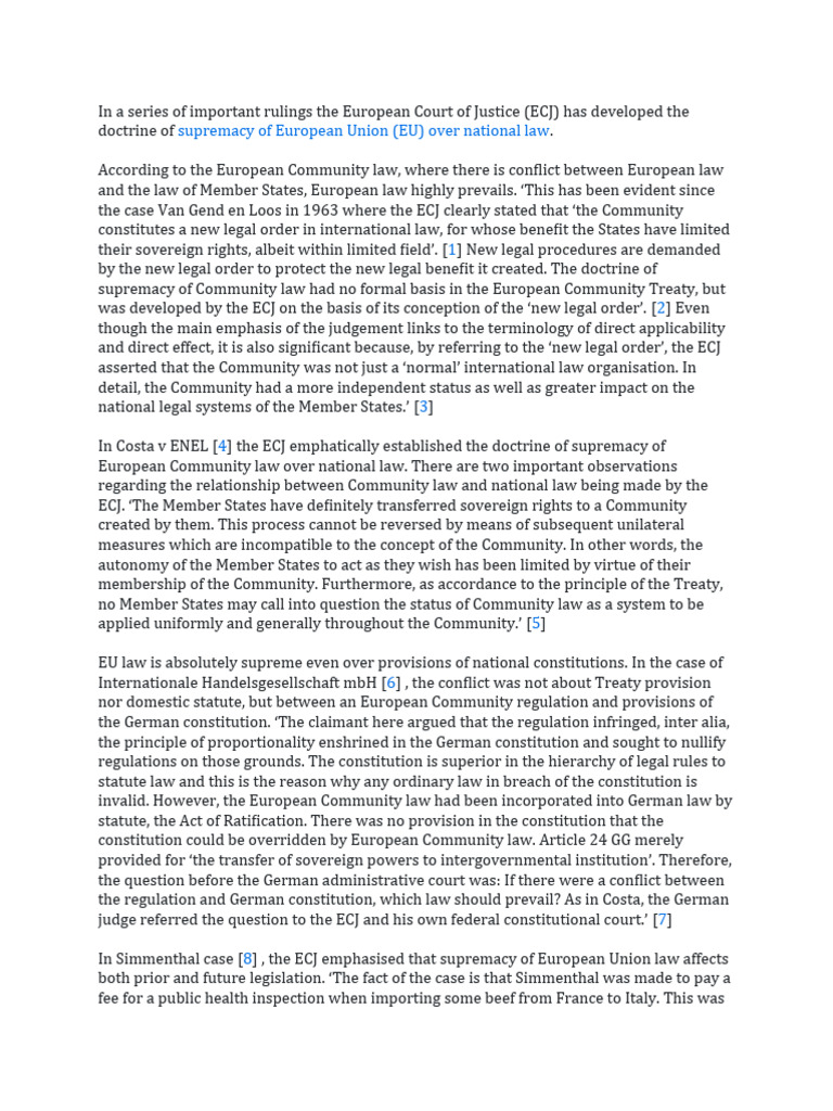Supremacy of EU Law Over National Law | PDF | European Court Of Justice ...
