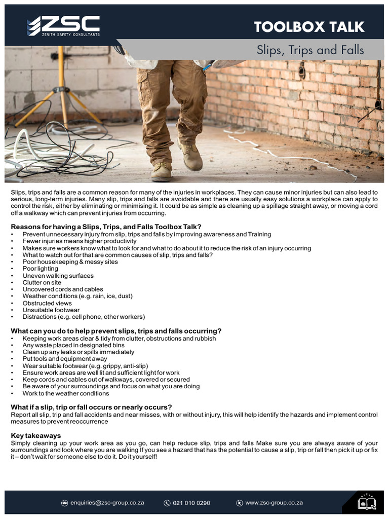 Slips Trips and Falls Free Toolbox Talk | PDF | Occupational Safety And ...