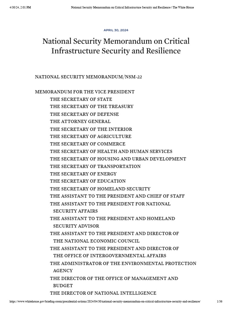 National Security Memorandum On Critical Infrastructure Security and ...