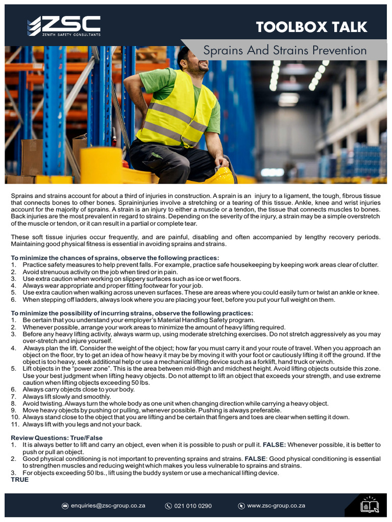 Sprains and Strains Prevention Zenith Safety Toolbox Talks | PDF | Knee ...