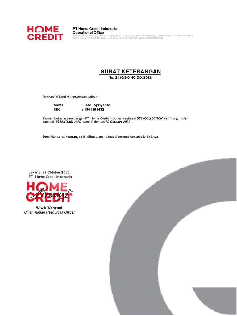 Paklaring Home Credit Dedi Apriyanto | PDF | Pengelolaan Keuangan & Uang