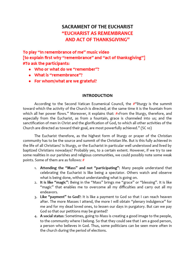Eucharist Remembrance and Act of Thanksgiving | PDF | Eucharist | Mass ...