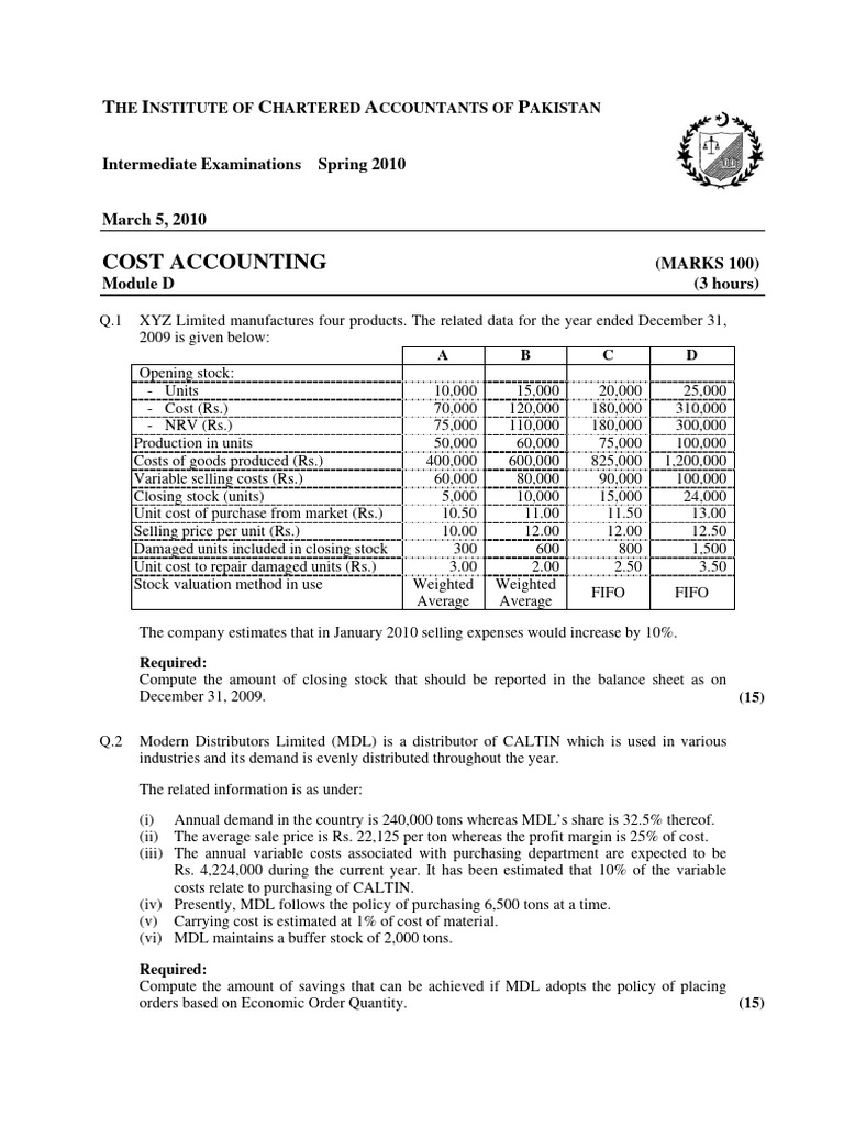 CMA All Past Papers | Download Free PDF | Labour Economics | Cost ...