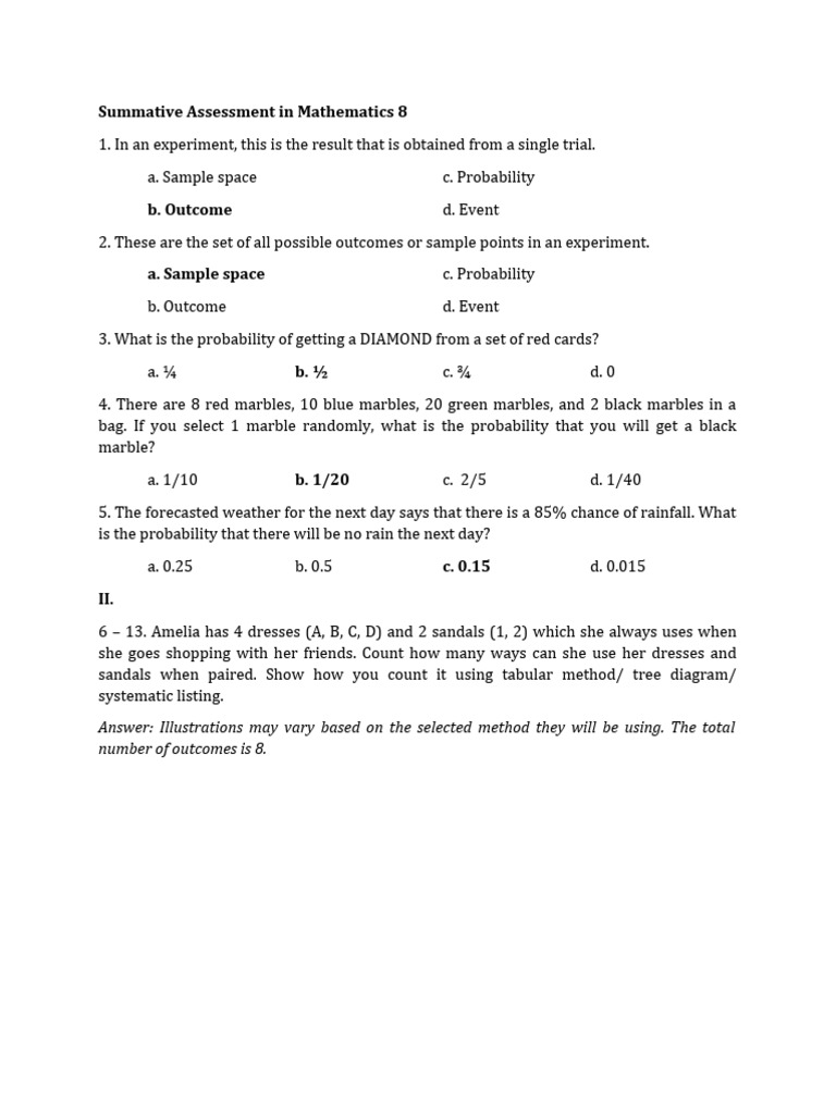 Summative Assessment in Mathematics 8 Ans Key | PDF | Probability ...