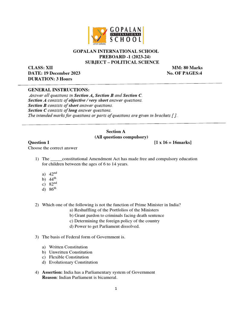 Political Science - Grade12 - 1stpreboard - Main | PDF | Constitution ...
