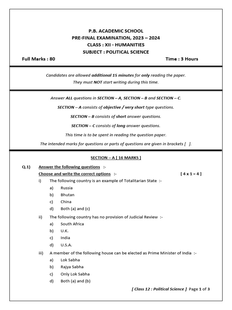 12 Political Science Pre-final | PDF | Supreme Court Of India | Political Charters