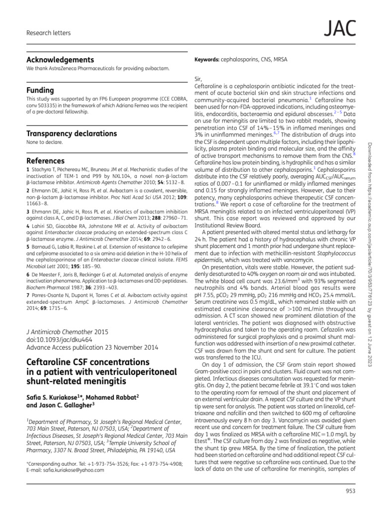 Ceftaroline Use in MRSA Meningitis Case | PDF | Cerebrospinal Fluid ...